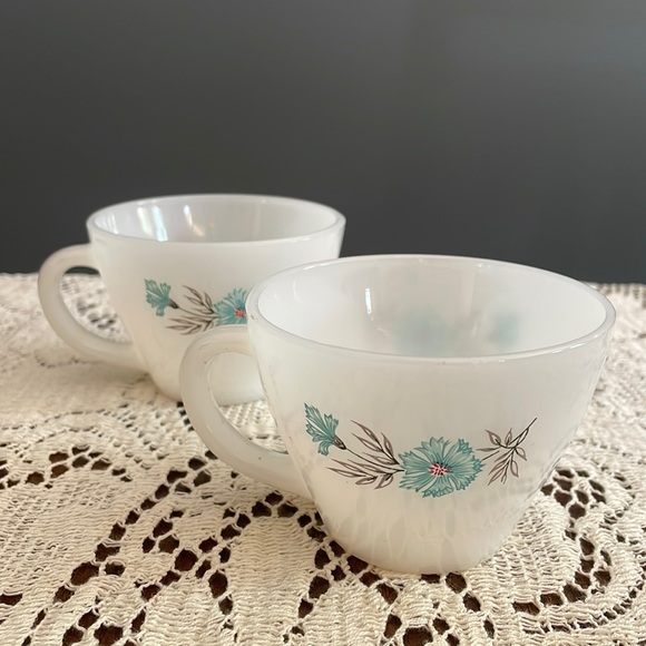 Fire King | Kitchen | Vintage Fire King Milk Glass Teal Flower Cup Set ...